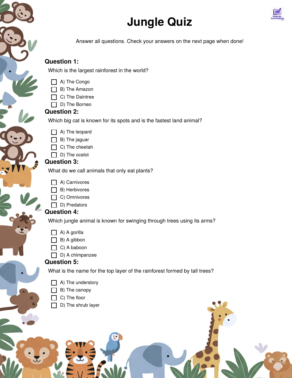 Free Printable Quizzes For Kids Farm Jungle Space Ocean